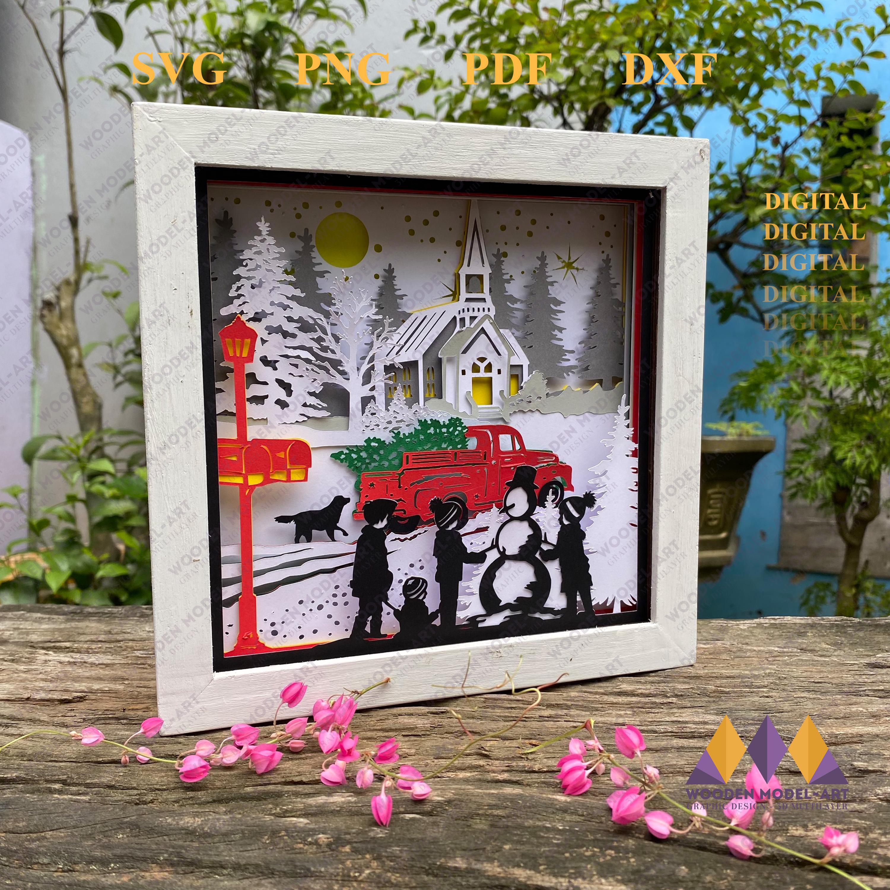 Christmas Shadow Box Scene: 3D Paper Cut Lightbox Template (SVG, PDF ...