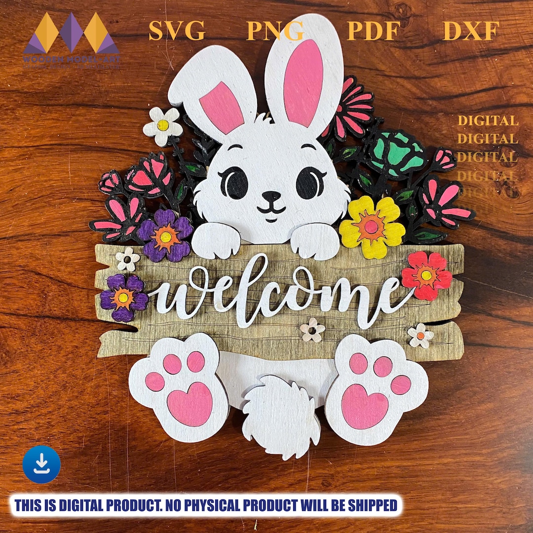 Easter Bunny Welcome Sign SVG: Laser Cut Door Hanger (digital Download ...