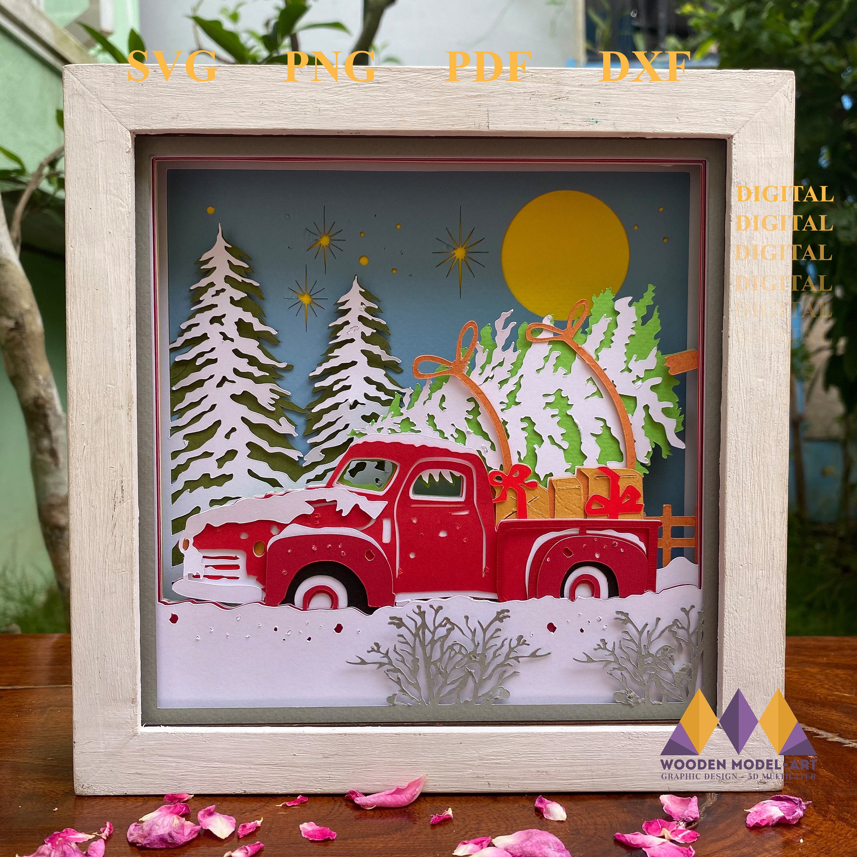 3D RED TRUCK Christmas Shadow Box - Christmas Pine Tree Decor - Light ...