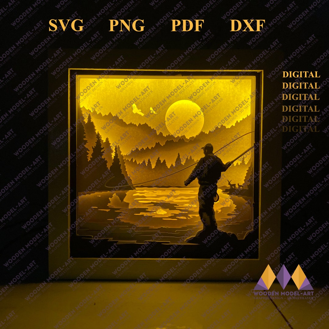FISHING SVG Light Box - Fisherman Shadow Box, Landscape Lake 3D Paper ...