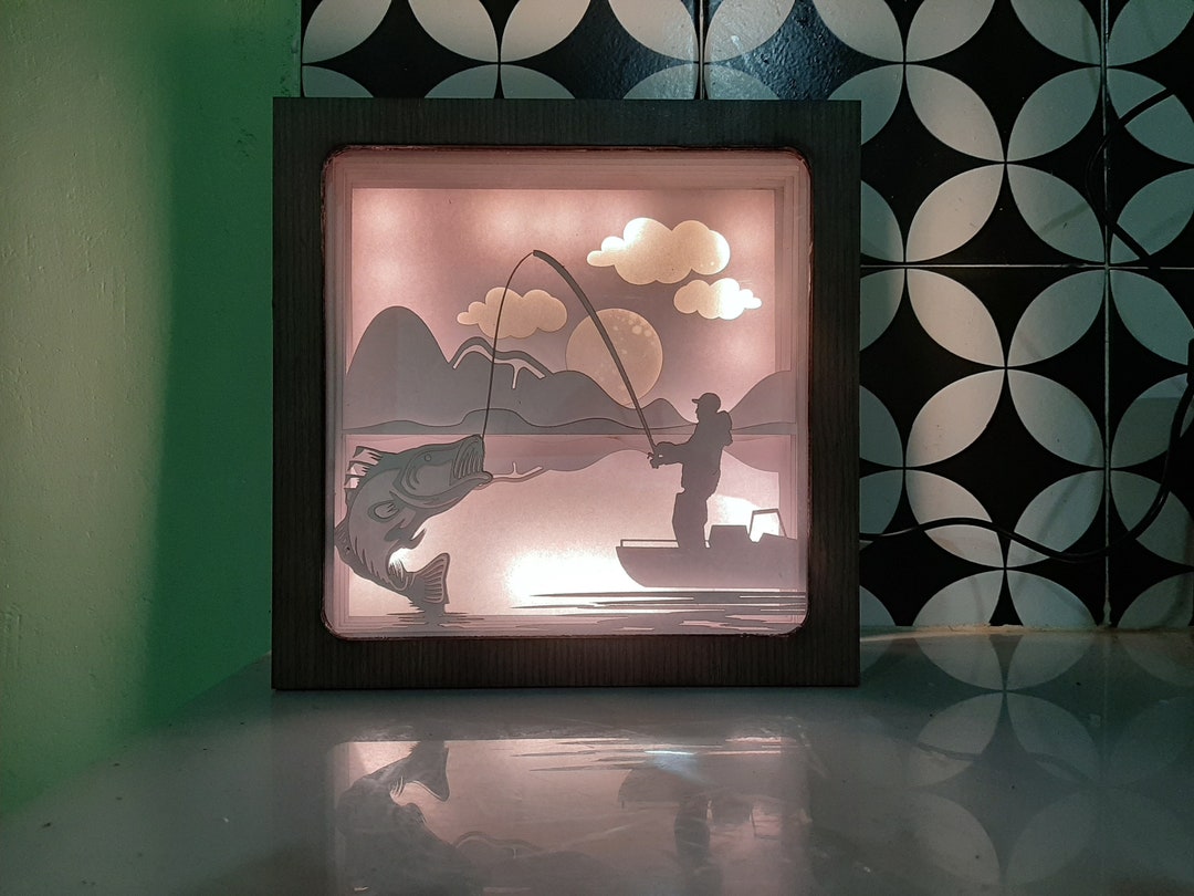 Fishing Shadow Box Template: Lake Fisherman 3D Paper Cut (SVG Digital ...
