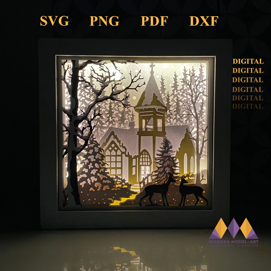 Christmas Church Light Box SVG: Winter Scene Shadow Box (digital ...