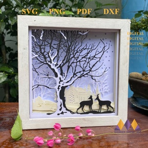Deer in Forest Light Box SVG: Winter Christmas Shadow Box (digital ...