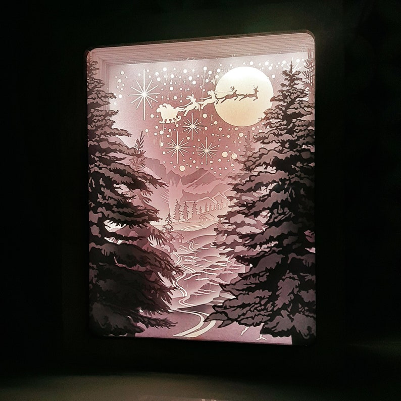 Christmas Santa's Cabin Shadow Box Template: 3D Paper Cut Lightbox ...