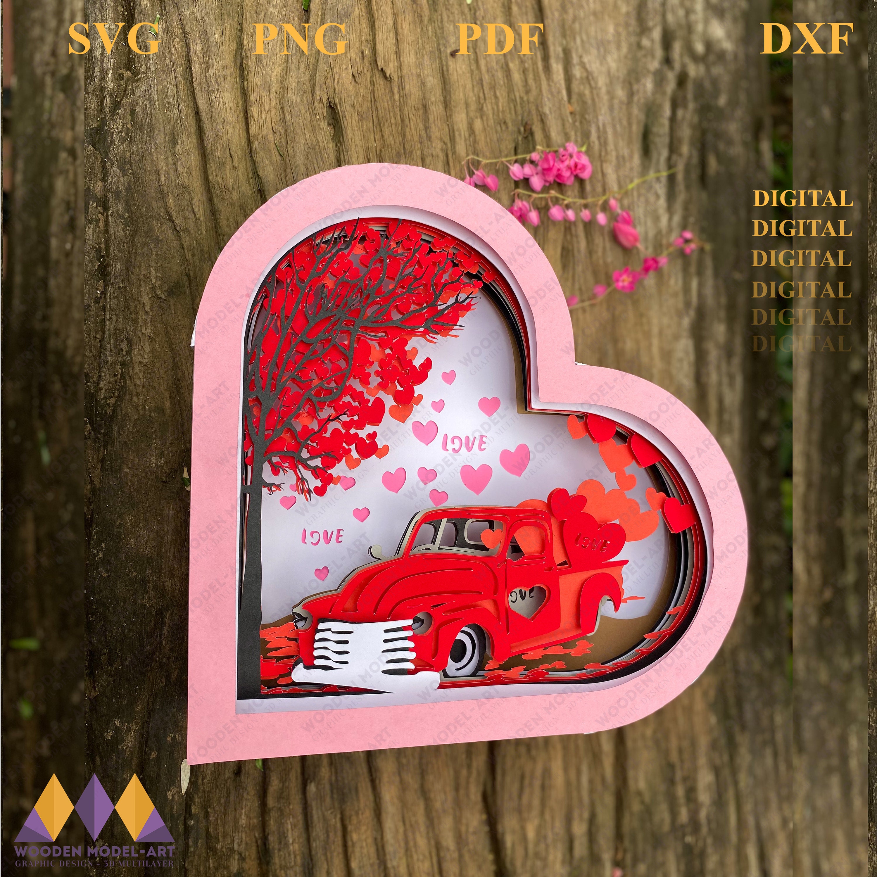 3D VALENTINE HEARTS Svg Shadow Box, Red Truck Hearts Layered, for ...