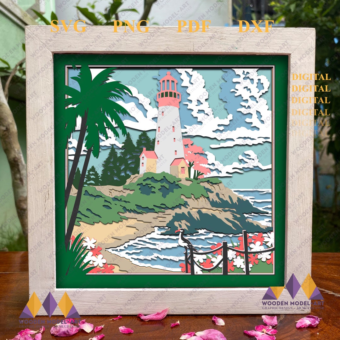 3D LIGHTHOUSE Svg Shadow Box, SUMMER Svg Light Box, Ocean 3D Layered ...