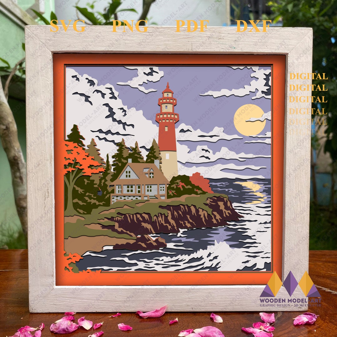 3D LIGHTHOUSE Svg Shadow Box, Fall Svg Light Box, Ocean 3D Layered ...