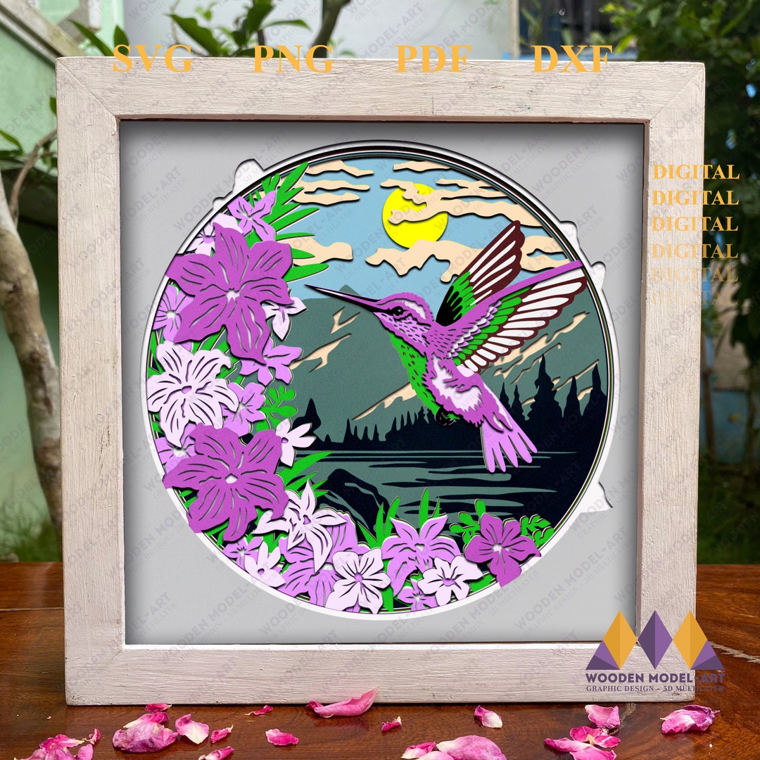 Hummingbird SVG Shadow Box Template, Flowers Bird and Sun 3D SVG ...