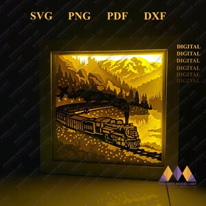 Train Svg Light Box, Locomotive Shadow Box, Mountain Svg, Template for ...