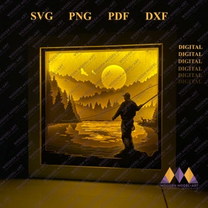 FISHING SVG Light Box - Fisherman Shadow Box, Landscape Lake 3D Paper ...