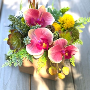 Vibrant Tropical Orchid & Succulent Floral Arrangement – Wooden Box ...