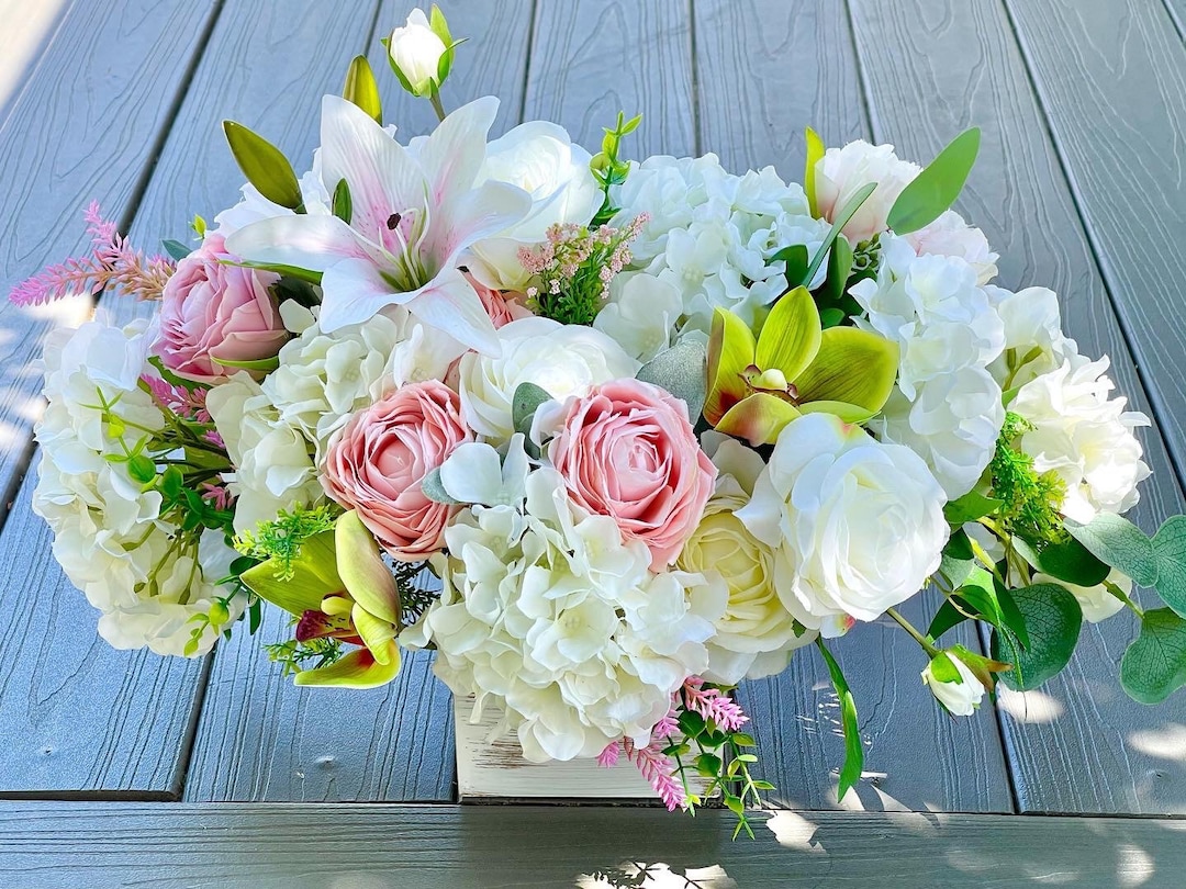 Artificial Floral Arrangement: Hydrangeas, Roses, Orchids in Whitewash ...