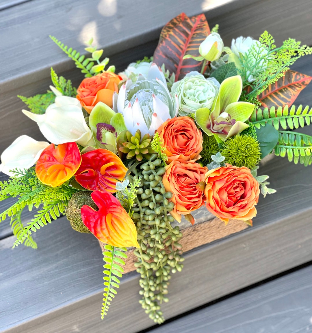 Gorgeous Artificial Floral Arrangement – Orange & Green Silk Flowers in ...