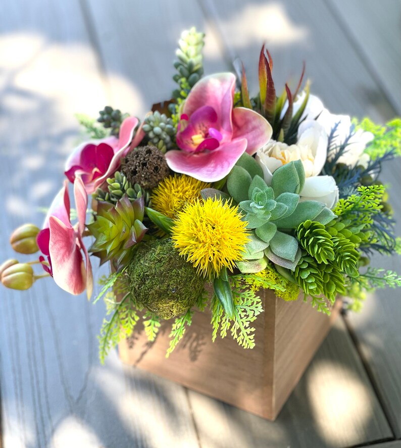 Vibrant Tropical Orchid & Succulent Floral Arrangement – Wooden Box ...