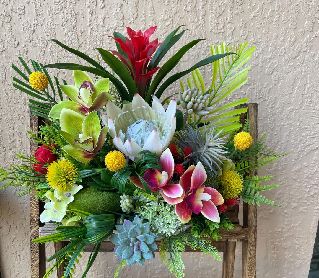 Lush Tropical Artificial Floral Arrangement – Bromeliad, Orchids ...