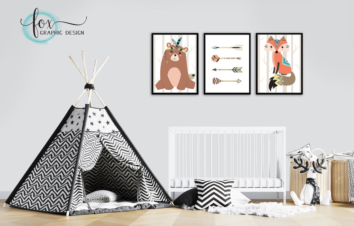 Woodland Tribal Animals, Woodland Animals Print, Tribal Nursery Wall ...