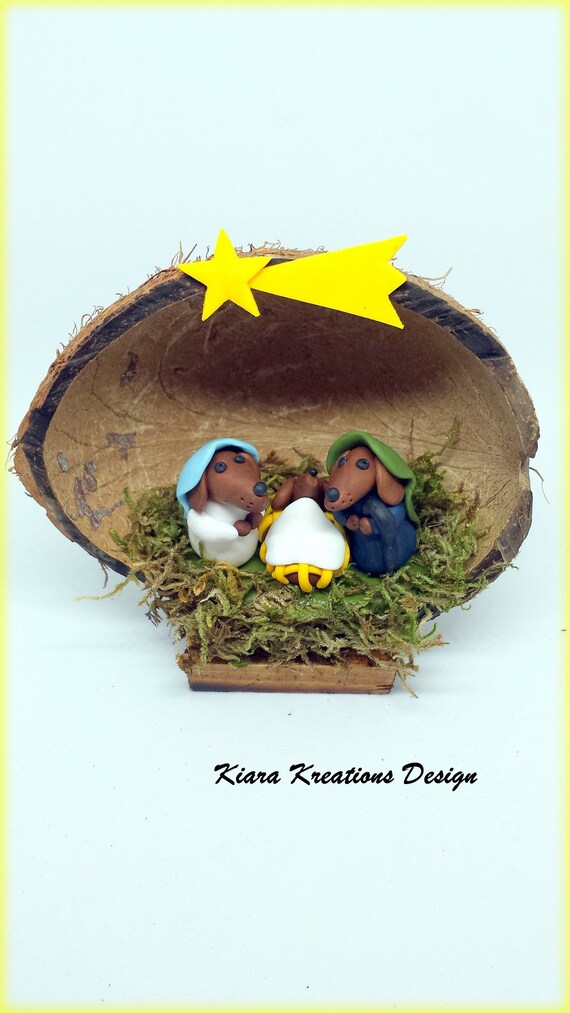 Dachshund dog nativity scene in a coconut shell miniature | Etsy