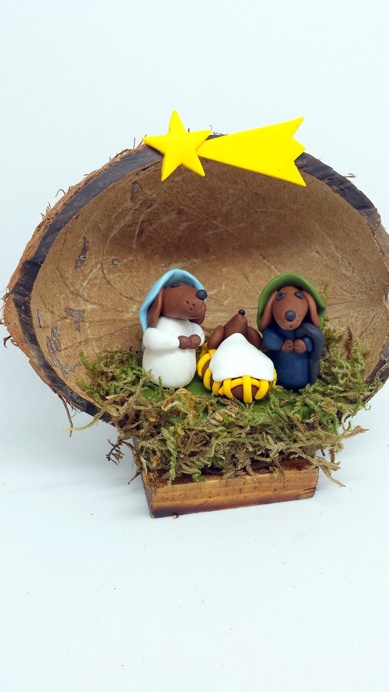 Dachshund dog nativity scene in a coconut shell miniature | Etsy