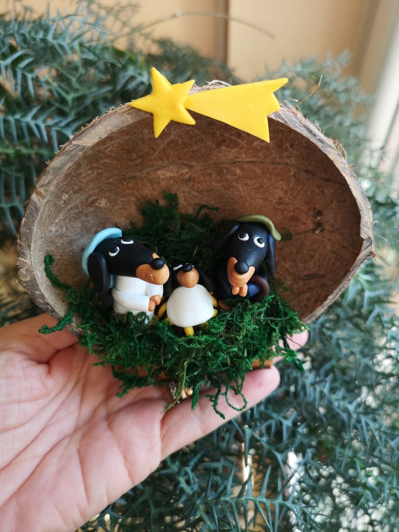 Dachshund dog nativity scene in a coconut shell miniature | Etsy