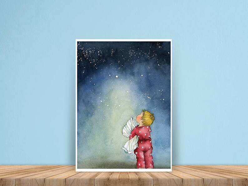 Sky Kids Creative Watercolor Poster Drawing Night Room Children Blue ...