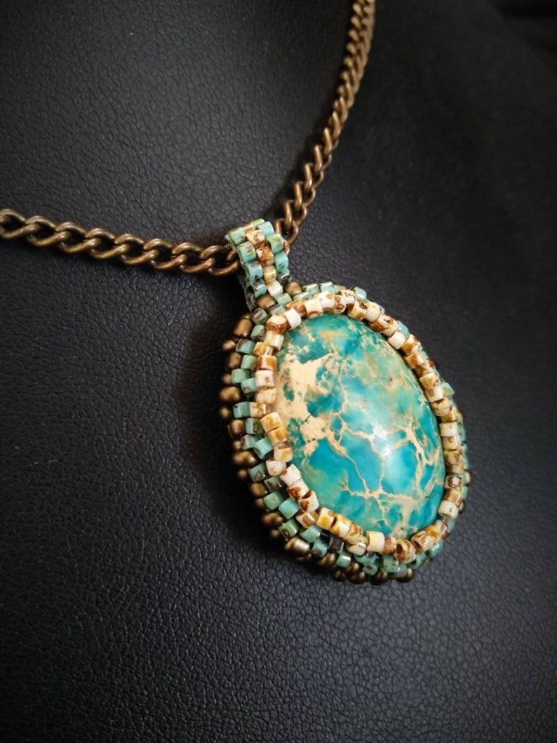 Collier pendentif Jaspe sédiment Bleu turquoise pierre sertie - Etsy France