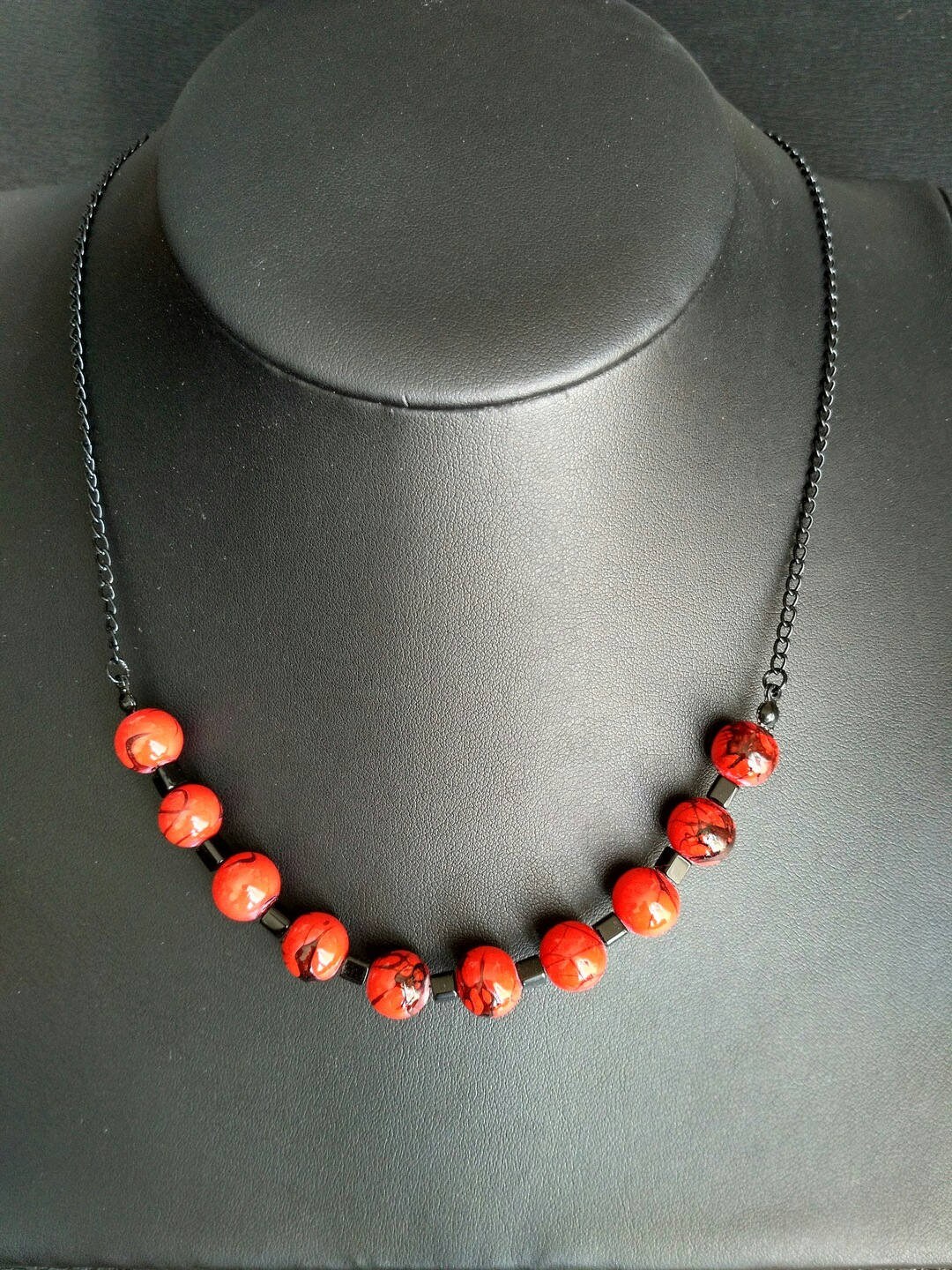 Bright Red Rock Pearl Necklace With Black Veins and Black Glass Cubes ...