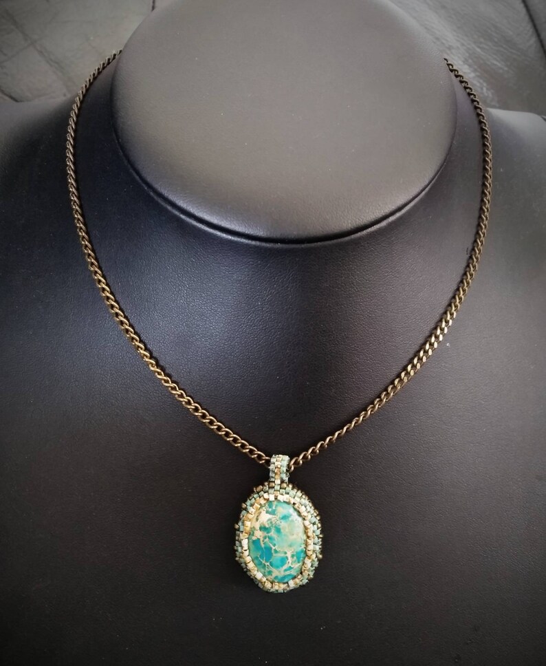 Collier pendentif Jaspe sédiment Bleu turquoise pierre sertie - Etsy France