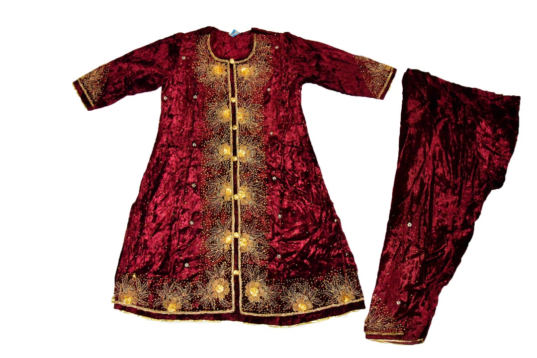 Vintage Velvet Kaftan - Indian Robe - Gold Embroidered Gown - Royal Red ...