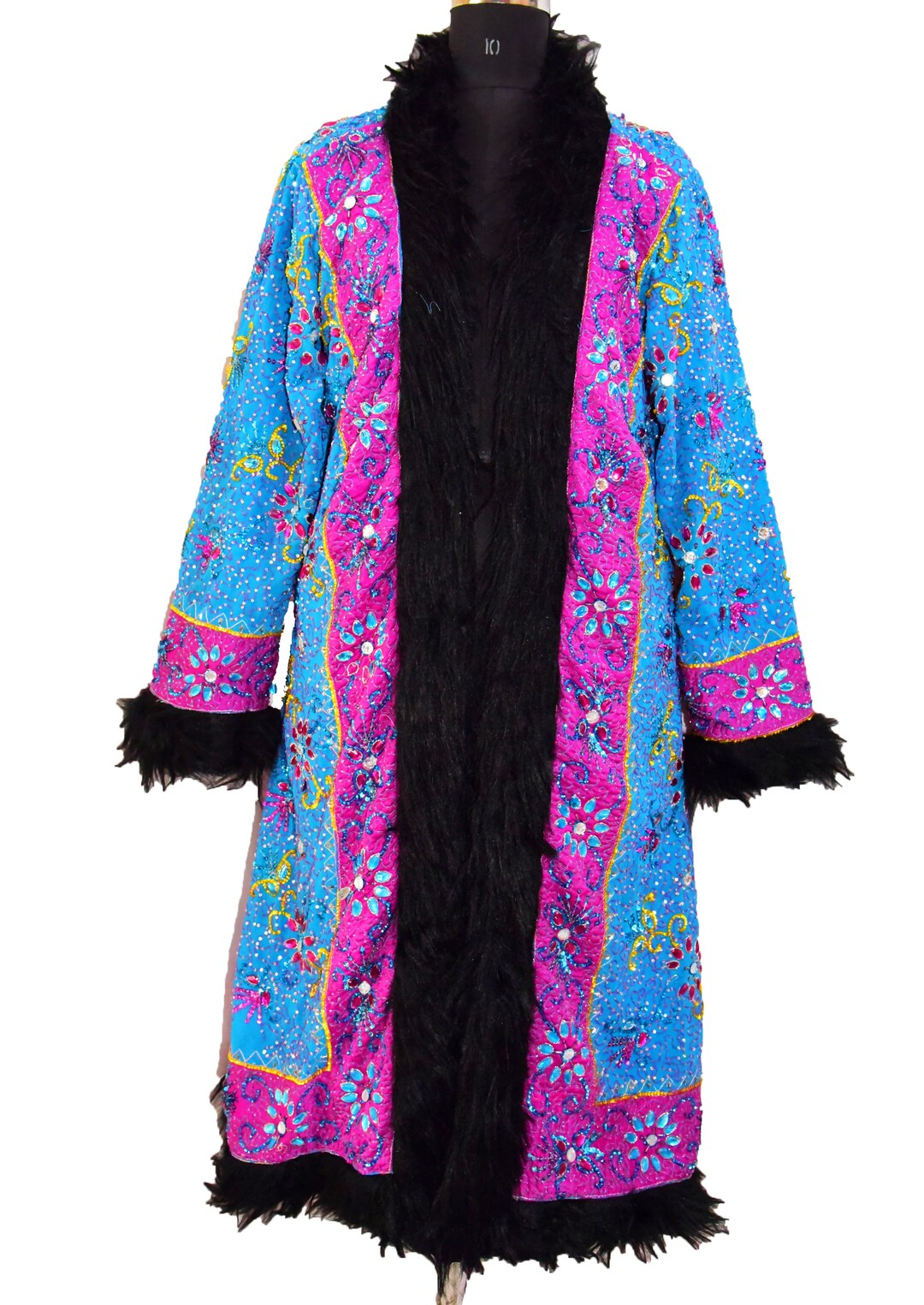 Beautiful Boho Party Wear Black Faux Fur Coat Vintage Blue Jacket ...