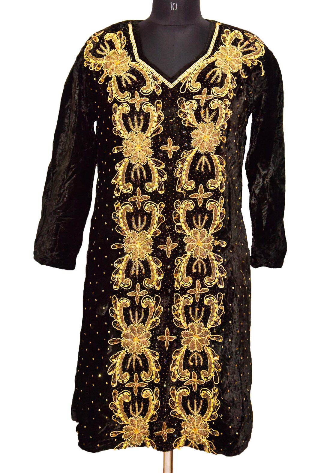 Antique Velvet Kaftan - Indian Robe - Embroidered Gown - Royal Black ...