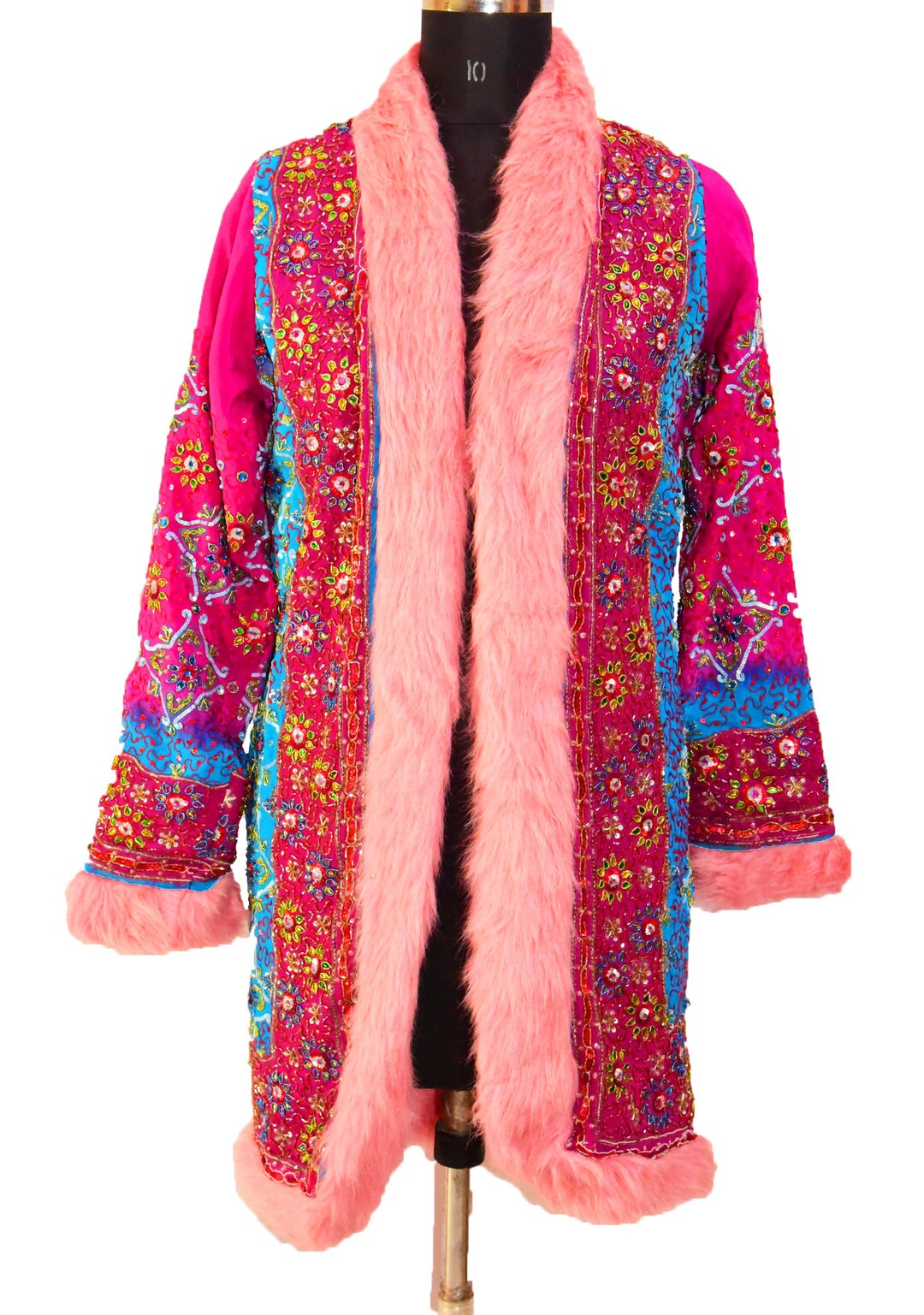 Party Wear Indian Boho Vintage Faux Fur Jacket Blazer Bridal Beaded Embroidered Work Banjara ...