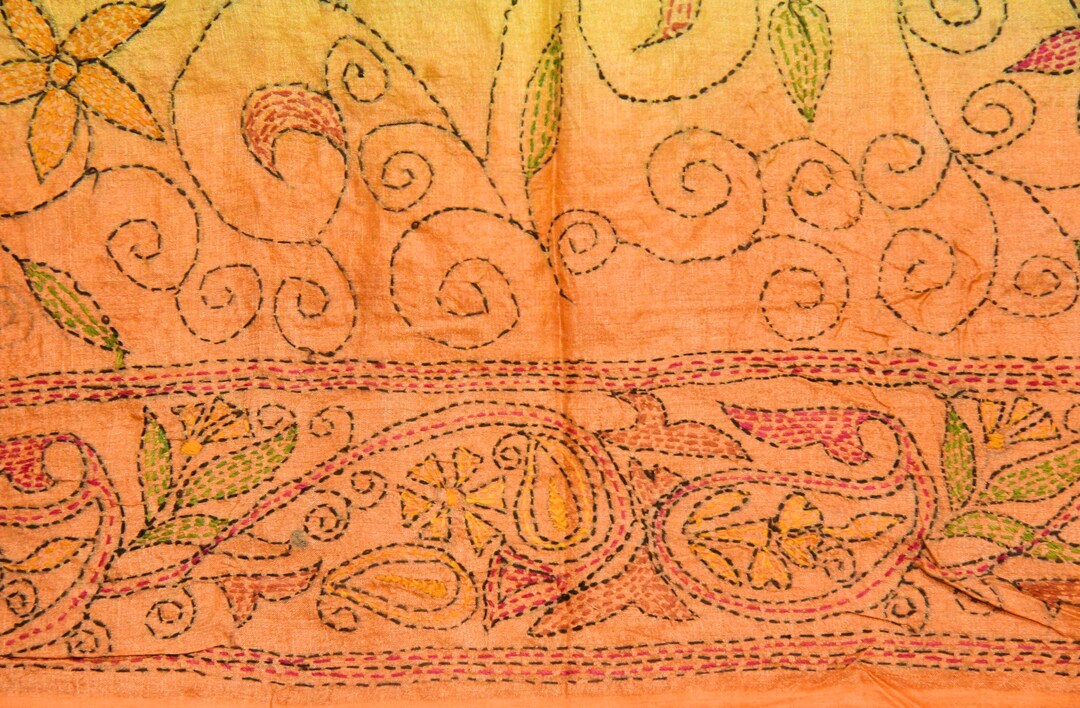 Vintage Amazing Indian West Bengal Orange & Green Saree Fabric 100% ...