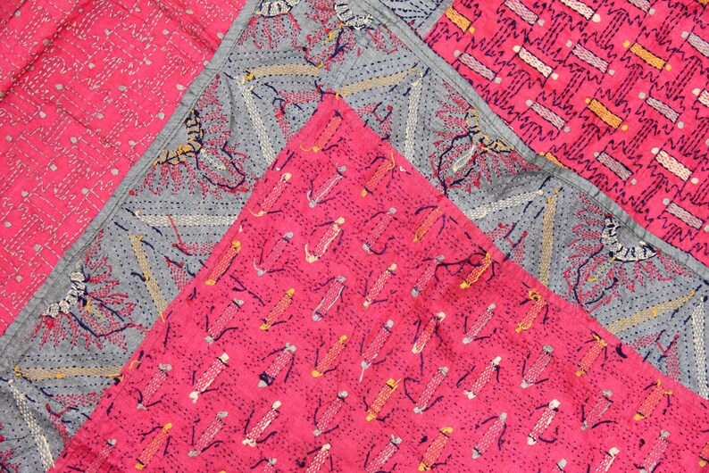 Vintage Ethnic Kantha Multi Textile Hand Sewing Embroidery Indian West ...