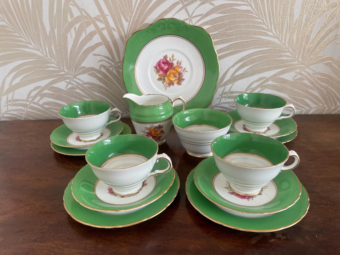 Vintage Sutherland Bone China Tea Set: Green Floral, 15-piece - Etsy