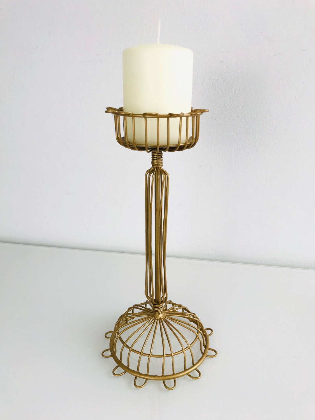 Simple up Cycled Small Gold Metal Wired Candlestick Holder With Candle ...
