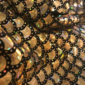 Gold & Black Mermaid Fish Scale on Hologram Foil Spandex W/ Dots Fabric ...
