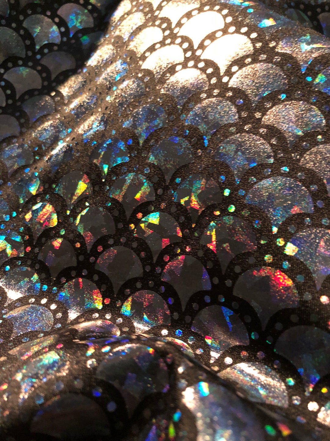 Silver & Black Mermaid Fish Scale on Hologram Foil Spandex W/ Dots ...