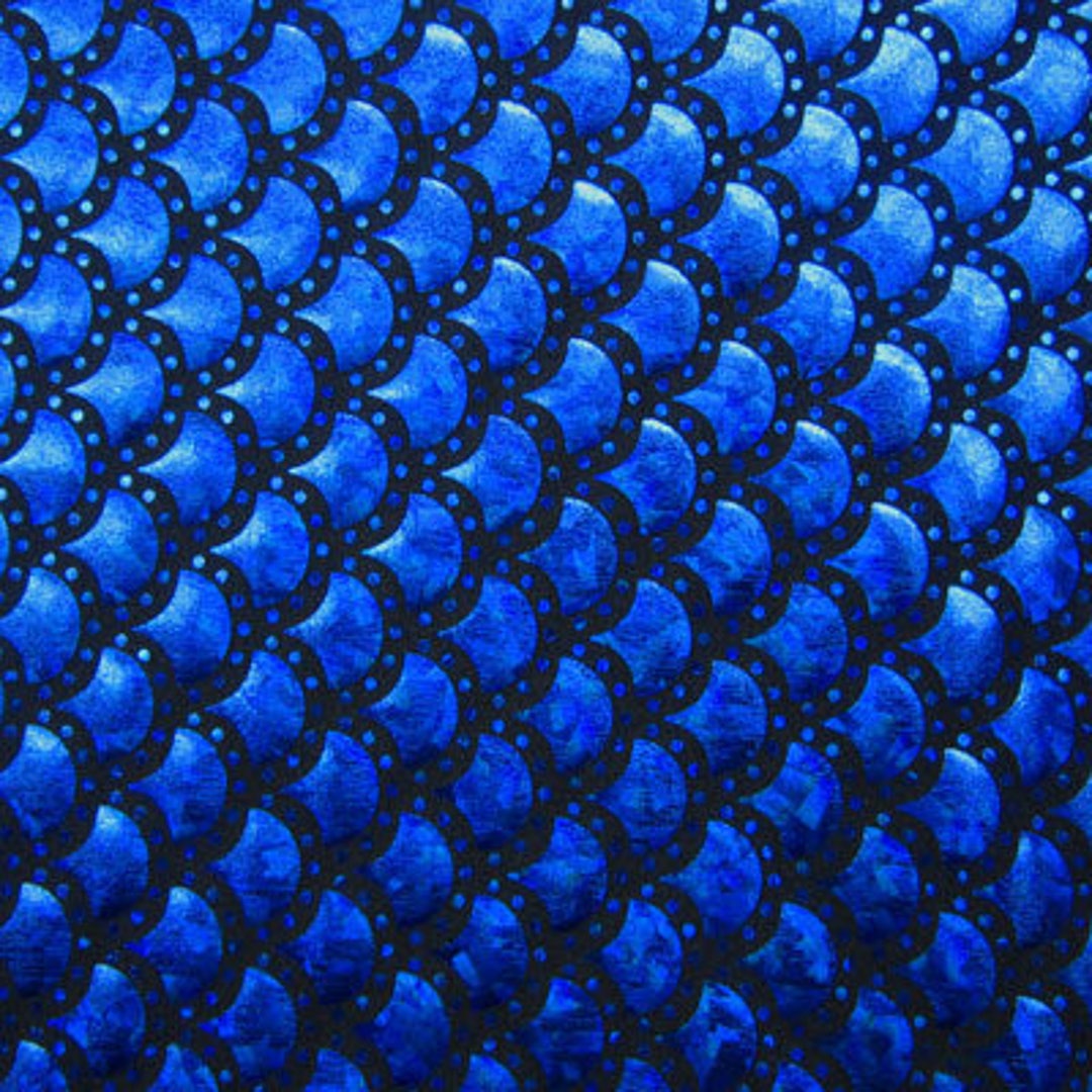Blue & Black Mermaid Fish Scale on Hologram Foil Spandex W/ Dots Fabric ...