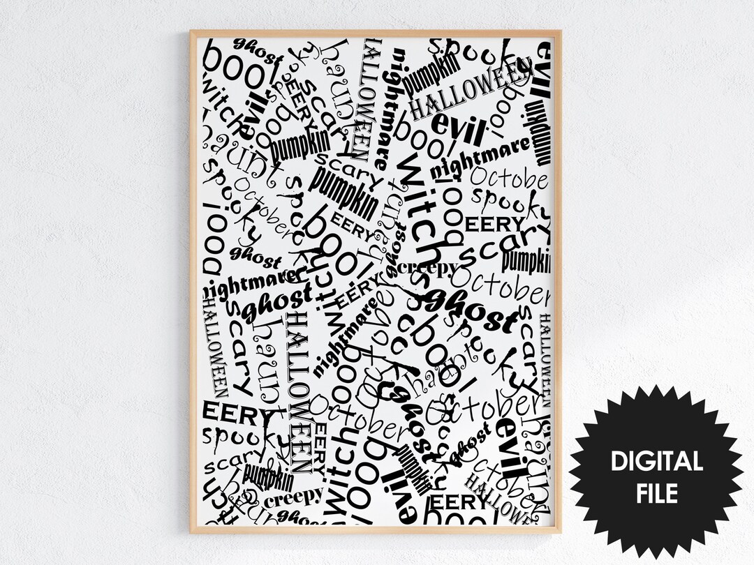 Spooky Halloween Words Doodles Wall Art, Black & White, Digital ...