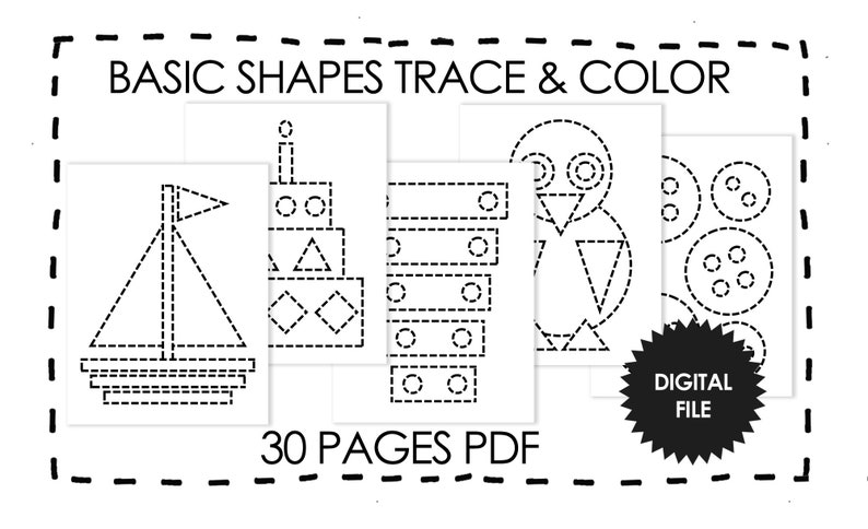 Kids Basic Shapes Trace and Color Worksheets, 30 Pages, PDF Download - Etsy