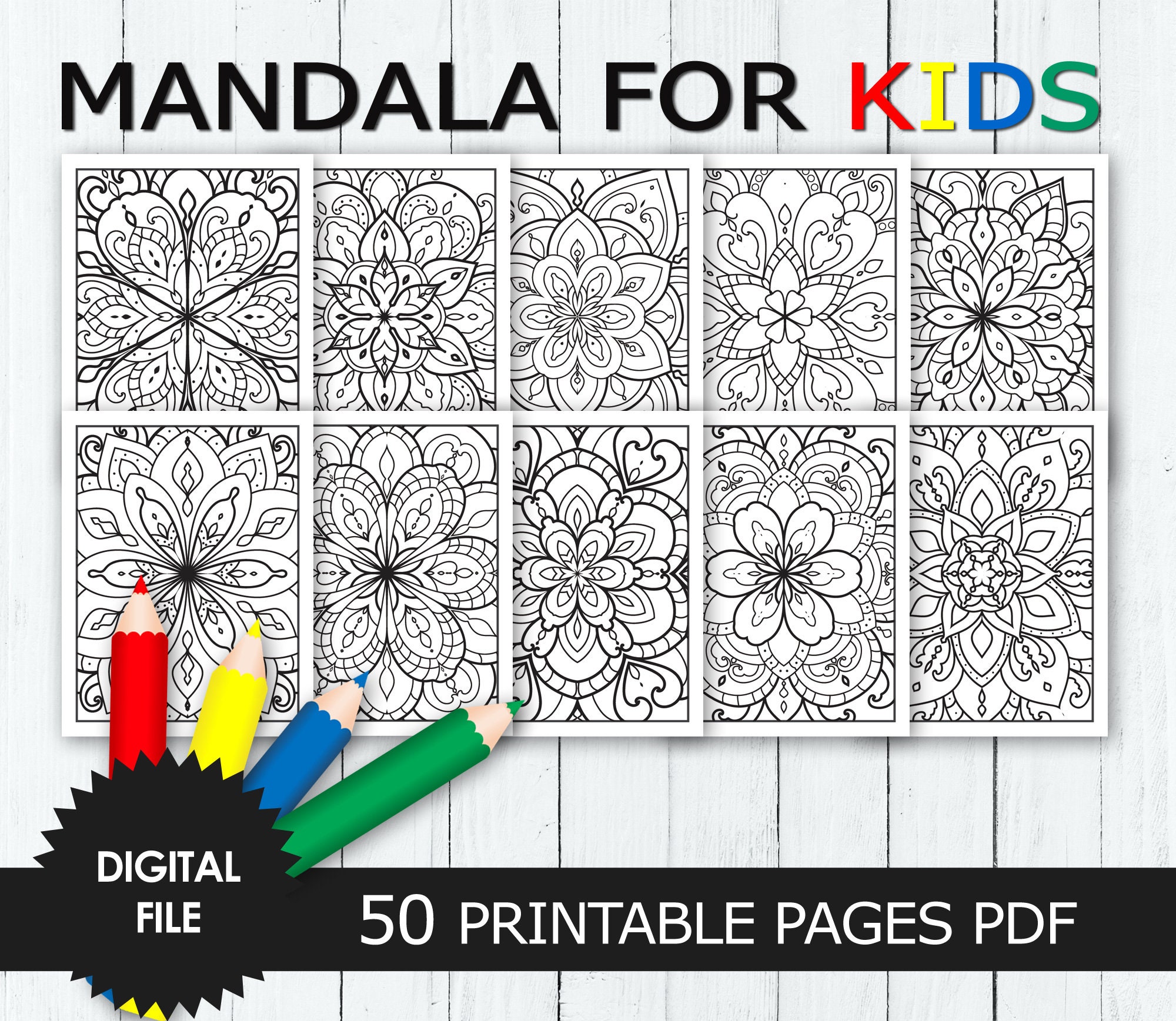 Mandala 50 Printable Coloring Pages for Kids, Bonus 2 Free Covers, for ...