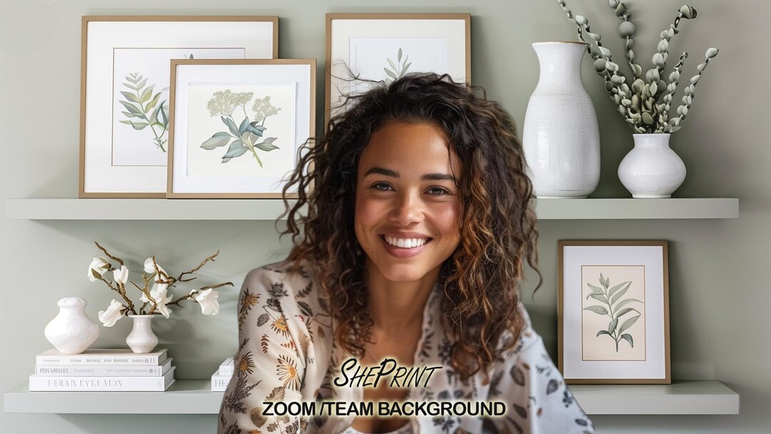 Zoom Background, Elegant Neutral Gray Sage Shelves, Original and Blur ...