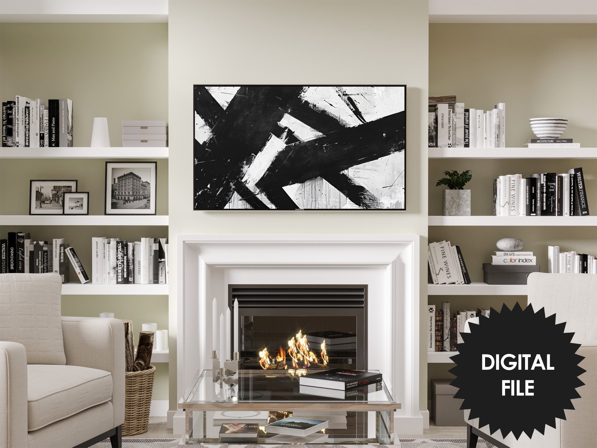 Frame TV Black and White Abstract Art, Brush Strokes Oil Painting ...