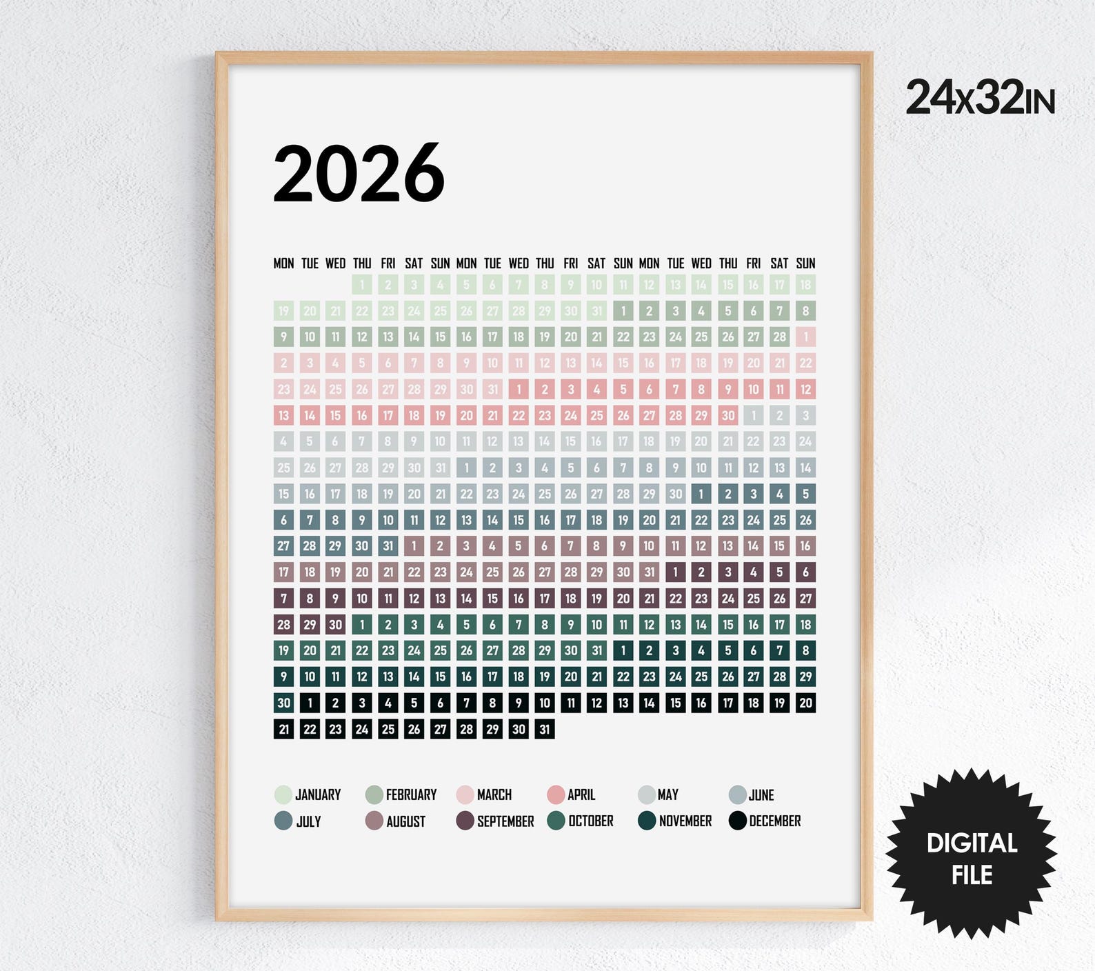 Printable Calendar 2026, Minimalist Wall Art Poster, 24x32inch, Instant ...