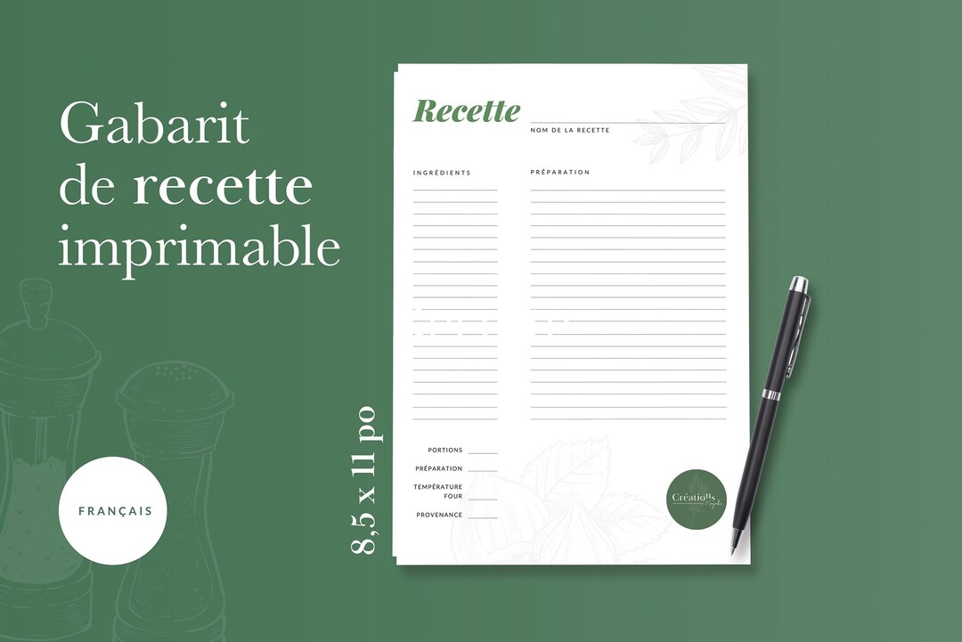 Recipe Template Editable in PDF and Printable in French made in QUEBEC ...