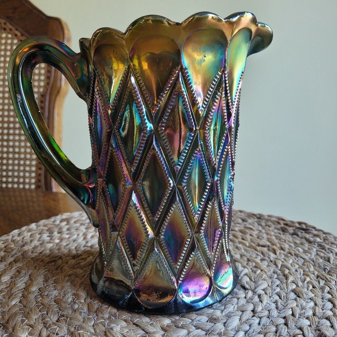 Millersburg Electric Green Carnival Glass Pitcher Diamonds - Etsy