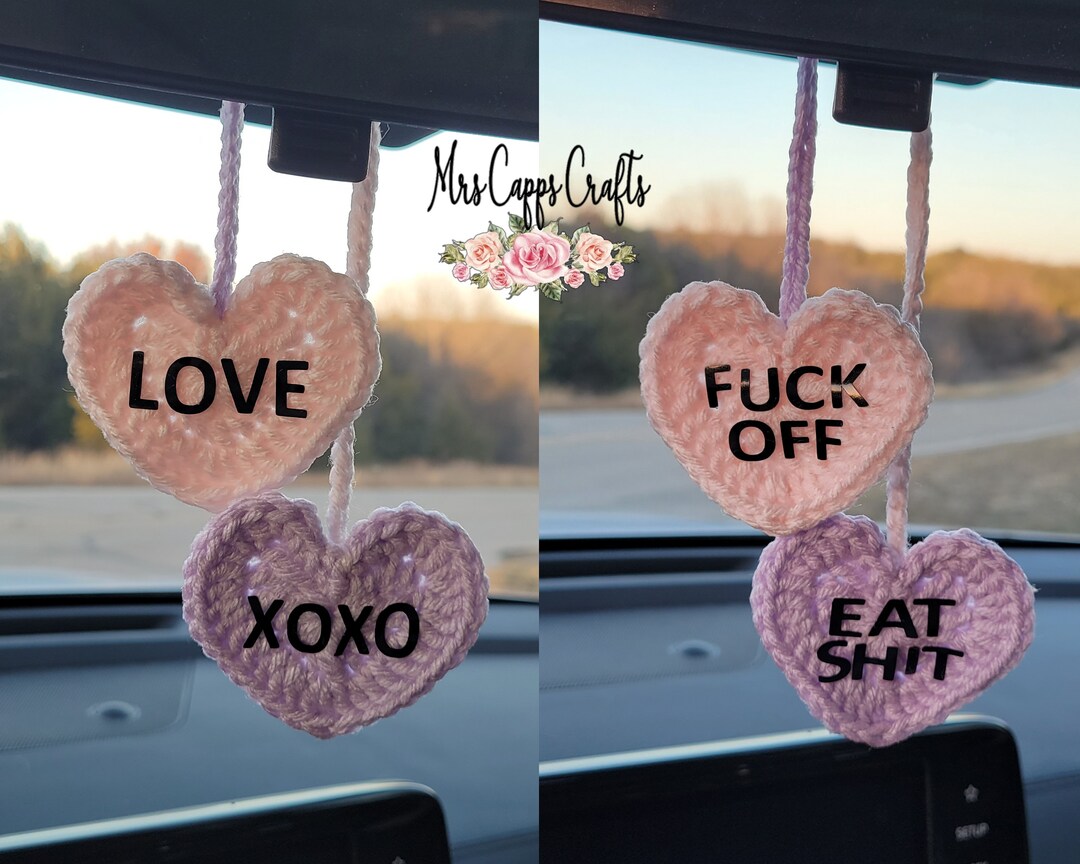 Crochet Candy Hearts Valentines Car Charm - Car Hanging - Rearview ...