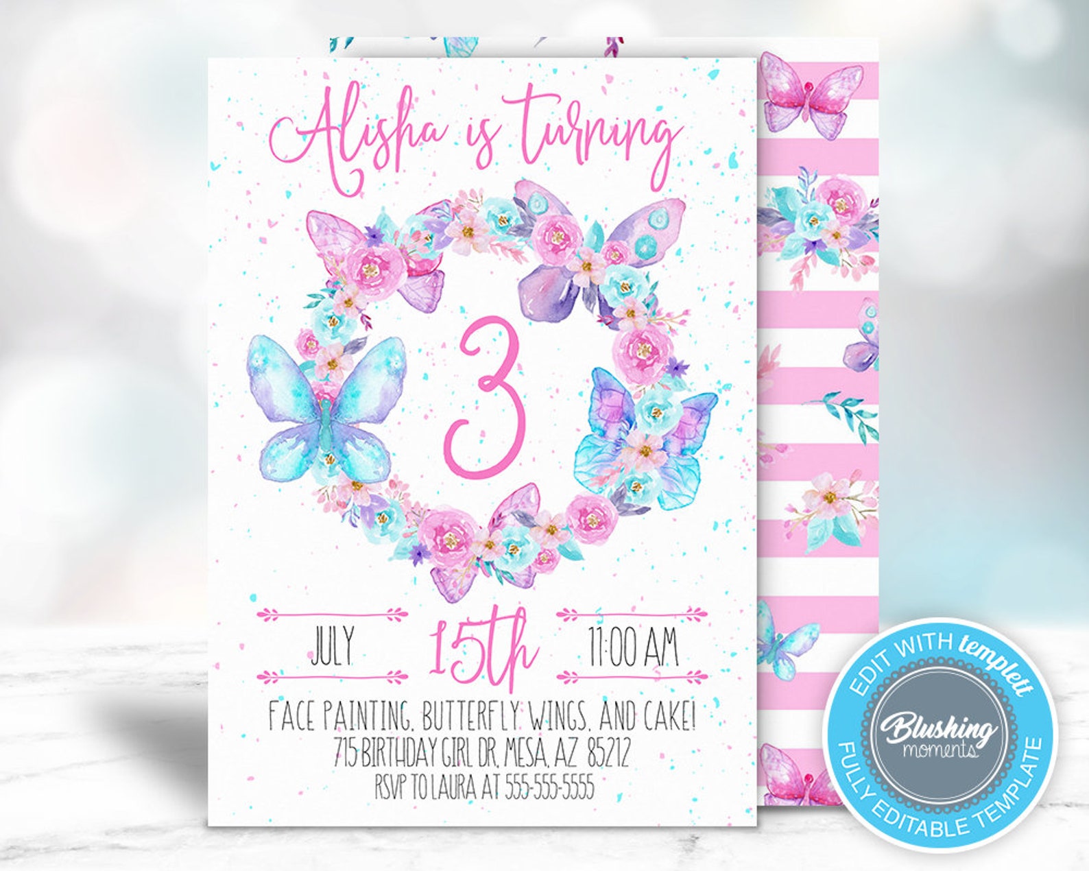EDITABLE Butterfly Birthday Invitationbutterfly Partyspring - Etsy