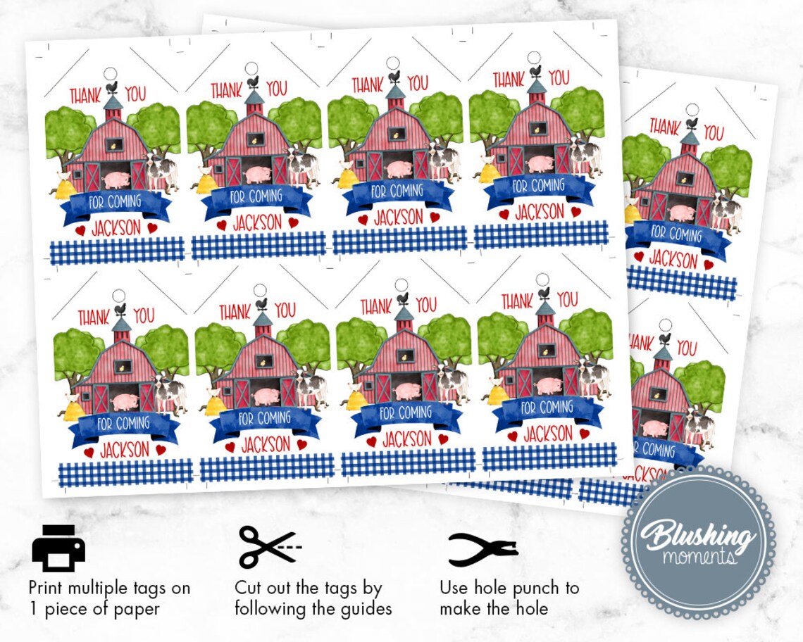 Farm Favor Tags, Thank You Hang Tags, Barnyard Party, Farm Animal Party ...
