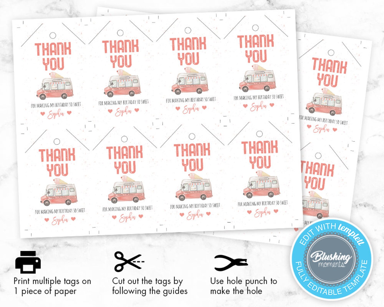 EDITABLE Ice Cream Thank You Gift Tag Ice Cream Truck Favor - Etsy